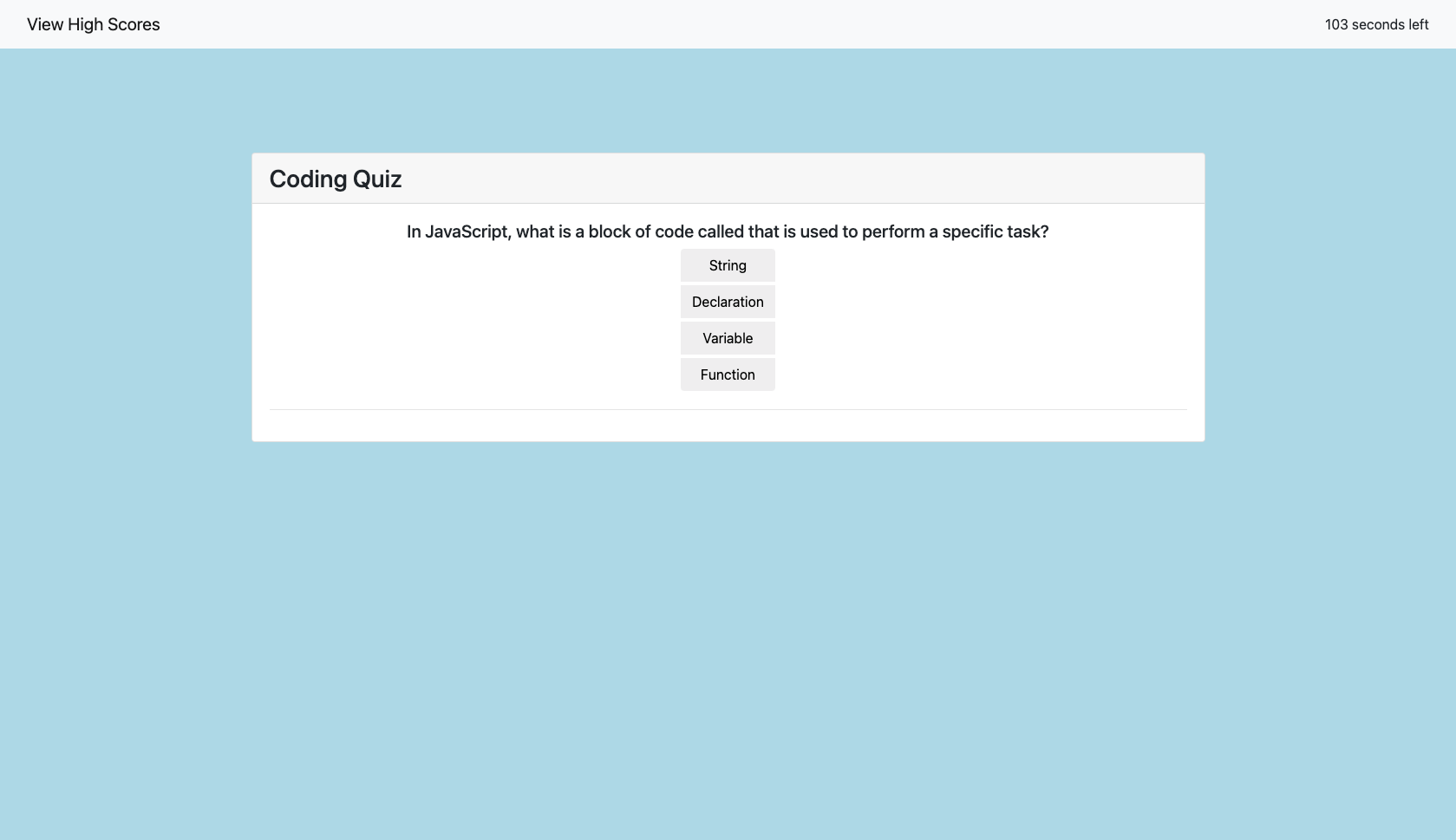 GitHub - jordandub1/code-quiz: Code Quiz for Web APIs